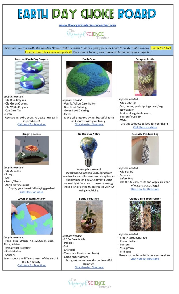 Earth Day Choice Board for ALL AGES